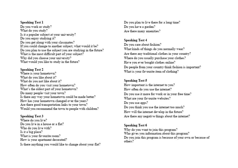Speaking Test 1 | PDF | Internet