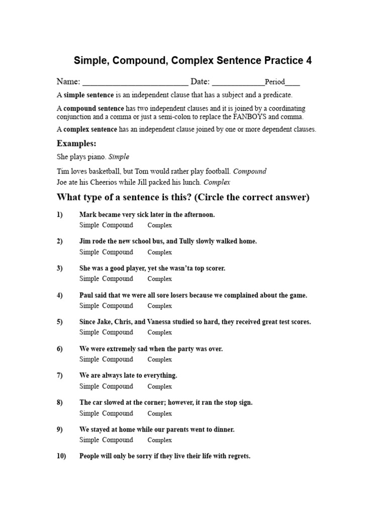 Simple compound complex practice 4 | PDF