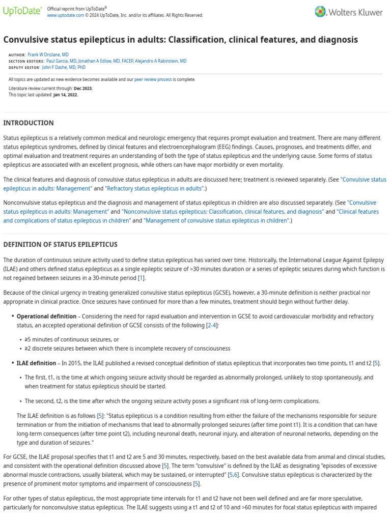 Convulsive Status Epilepticus in Adults - Classification, Clinical ...