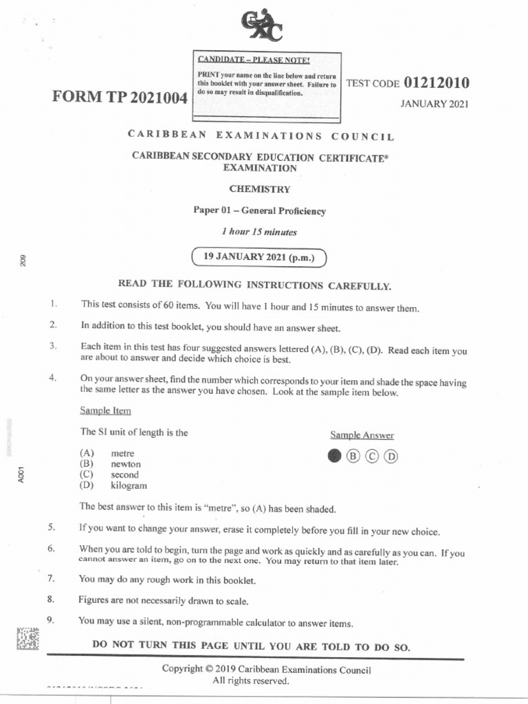CSEC Chemistry January 2021 P1 | PDF
