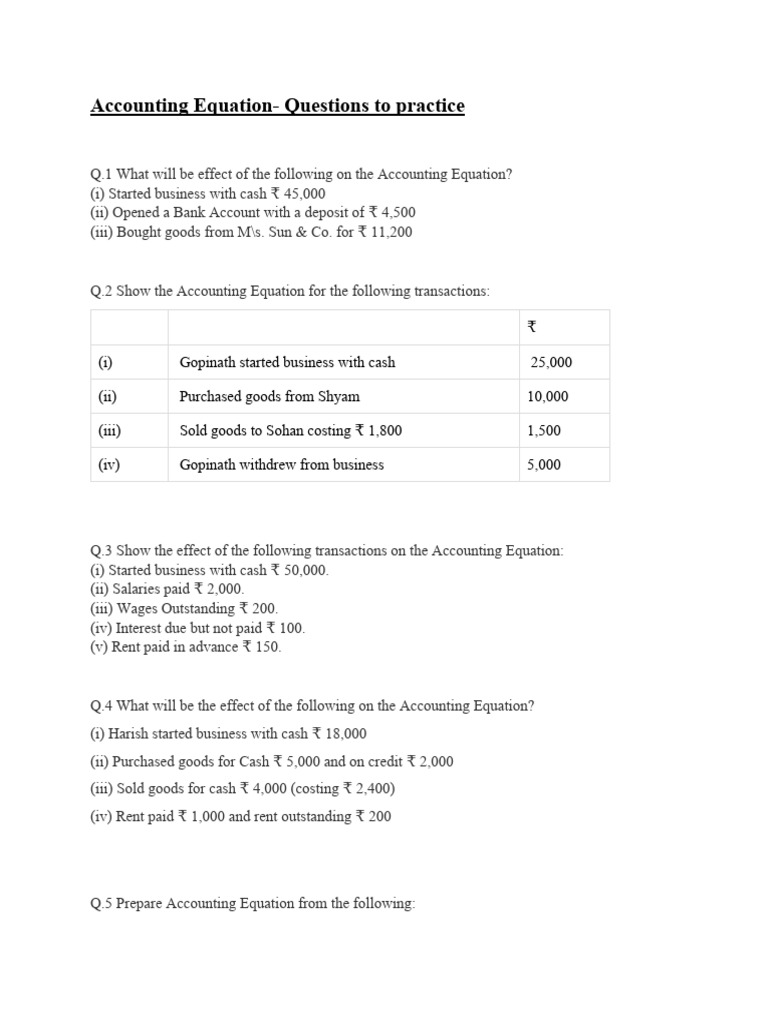 Accounting Equation - Questions | PDF | Cash | Credit