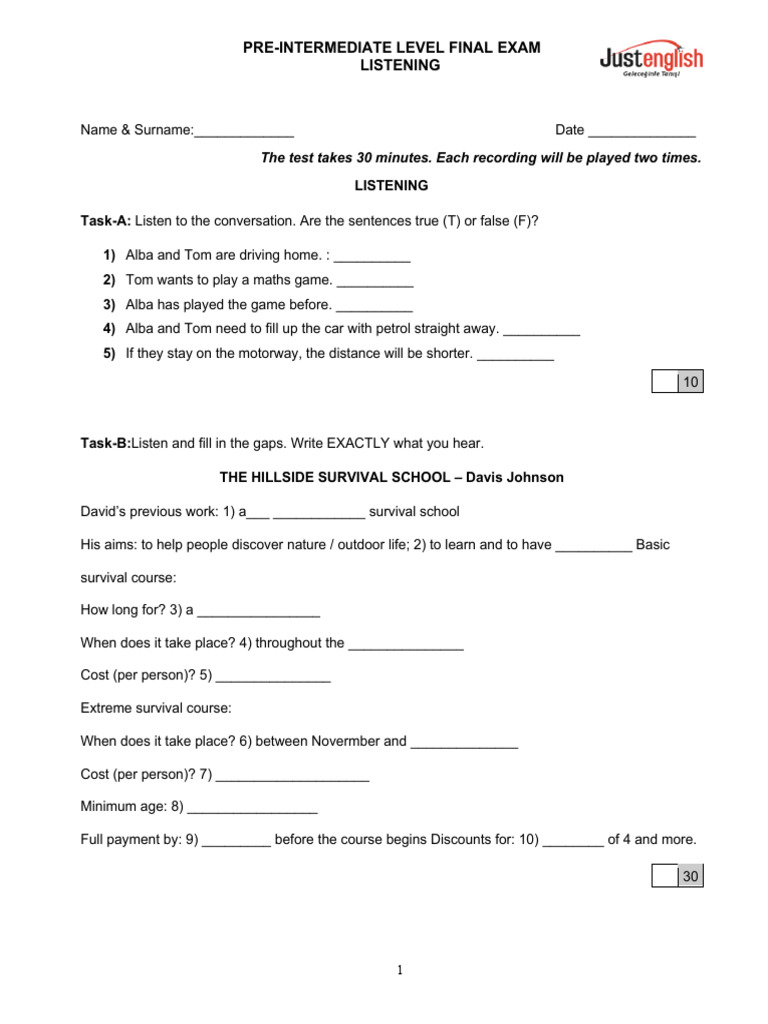 Pre Intermediate Final Exam Listening Pdf
