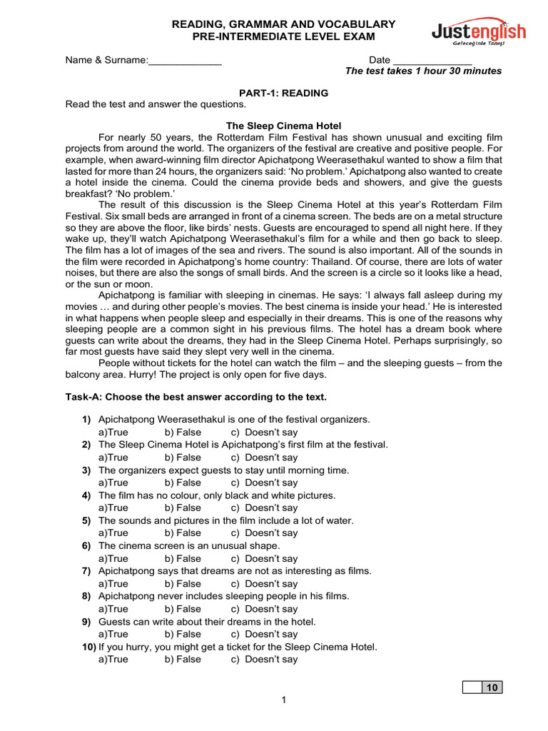 Pre-Intermediate Level Reading Grammar Vocabulary | PDF | Movie Theater