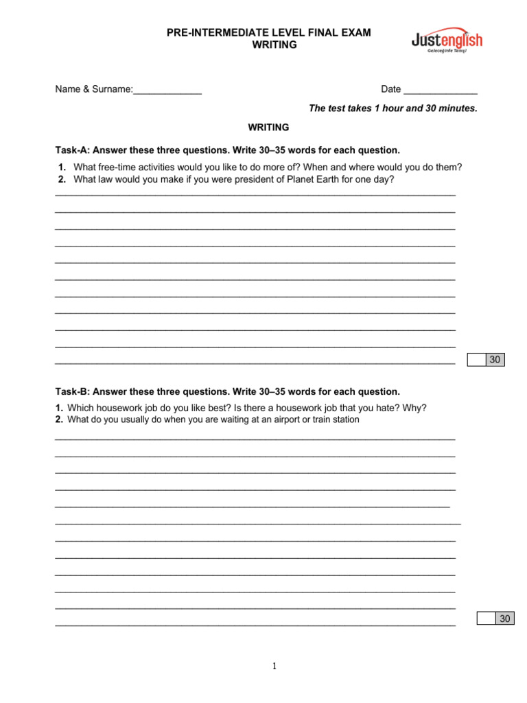 Pre Intermediate Final Exam Writing | PDF