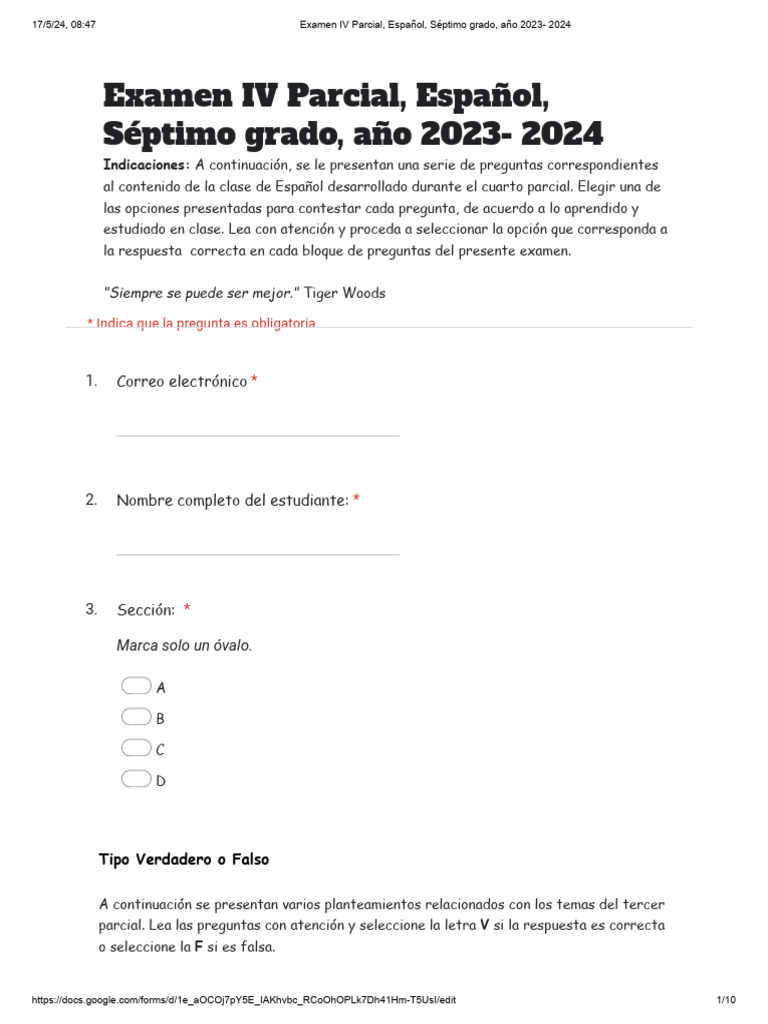 Examen IV Parcial, Español, Séptimo, Año 2023 - 2024 - Formularios de ...
