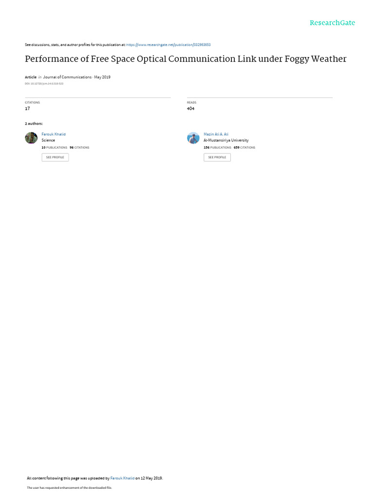 Performance of Free Space Optical Communication Link Under Foggy Weather | PDF | Signal To Noise ...