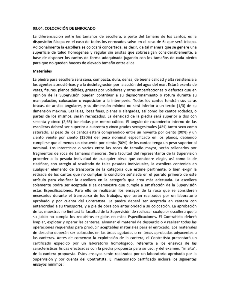 Especificaciones para Colocación de Enrocado | PDF | Volumen | Cantera