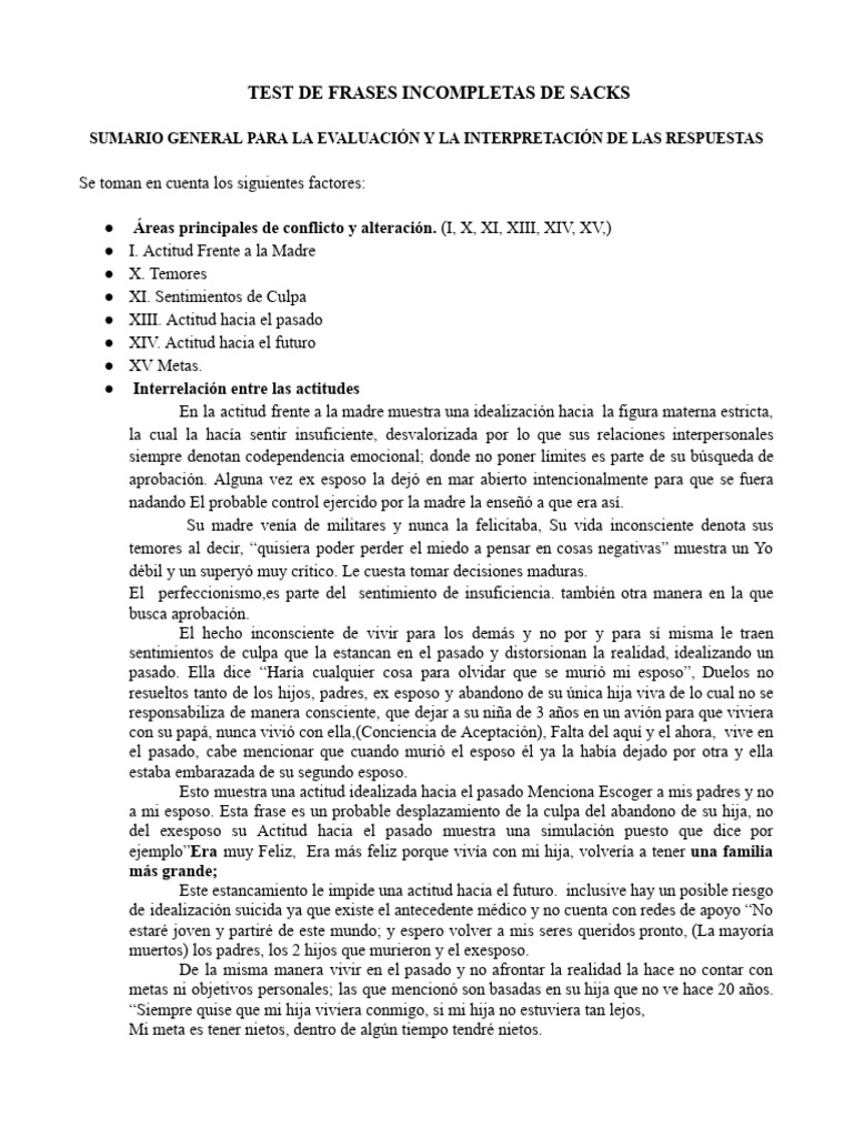 Test de Frases Incompletas de Sacks Sumario General para La Evaluación ...