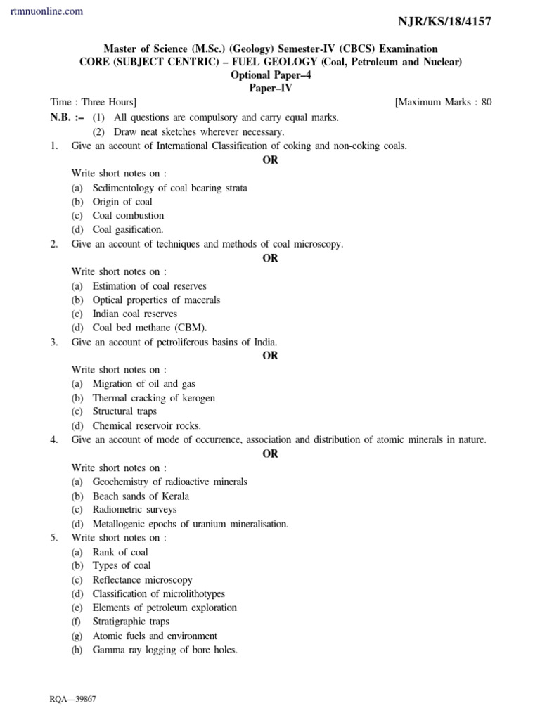 M.Sc. Geology: Fuel Geology Exam | PDF | Coal | Geology