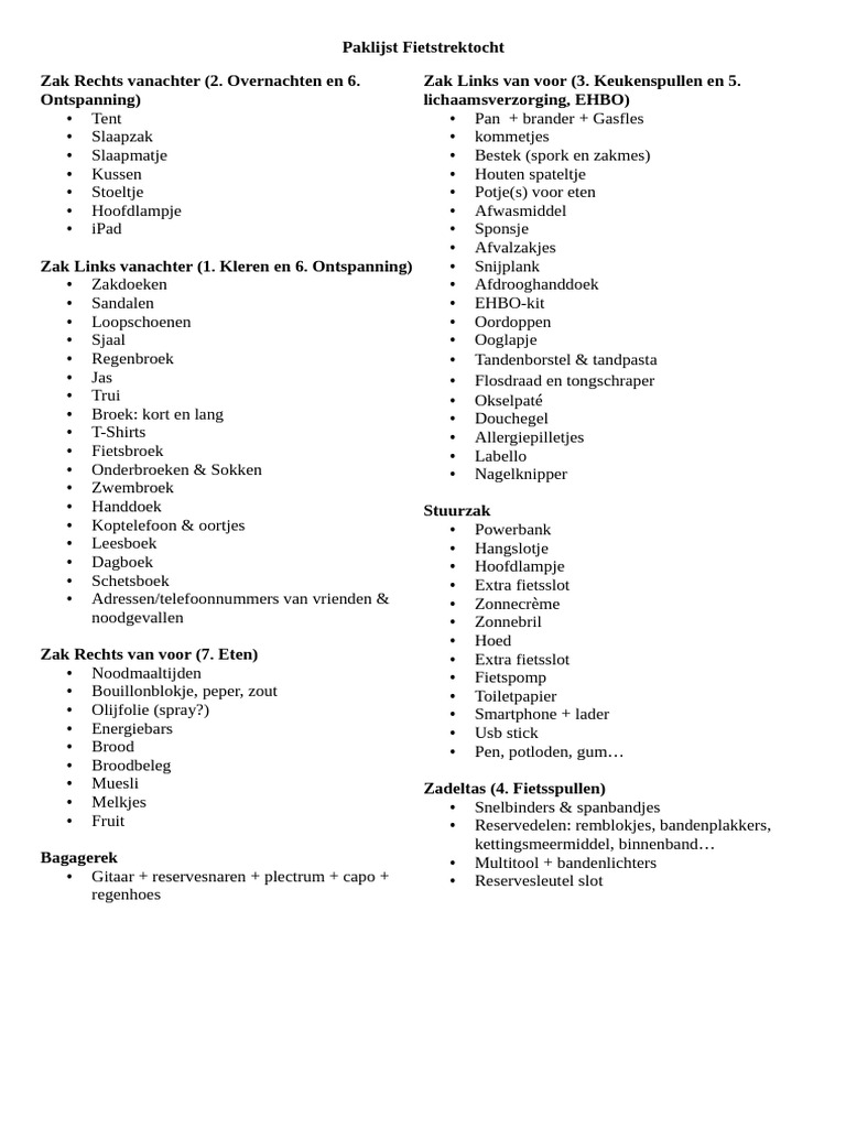 Paklijst Fietstrektocht | PDF