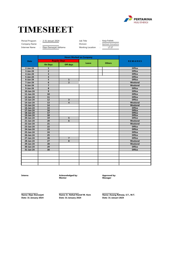 07 Timesheet Magang KP TA | PDF