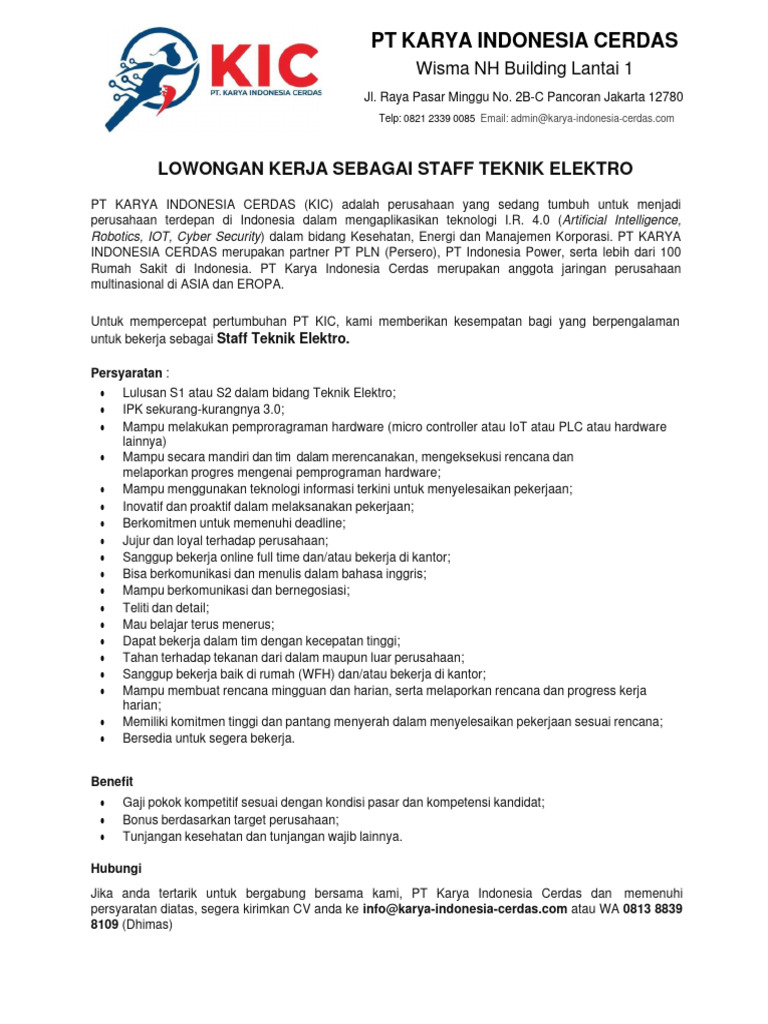 KIC 2024 - LOWONGAN KERJA Sebagai Staff Teknik Elektro | PDF
