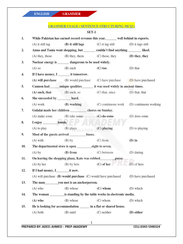 ENGLISH GRAMMER MCQs | PDF