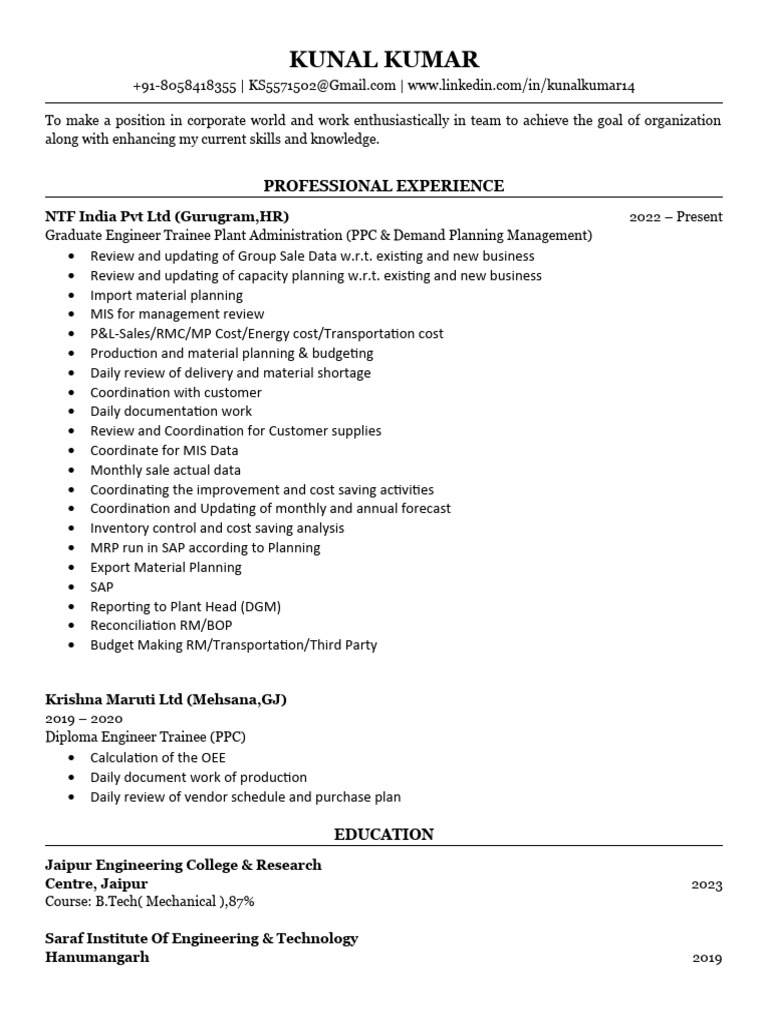 Kunal Kumar Resume NTF | PDF | Business