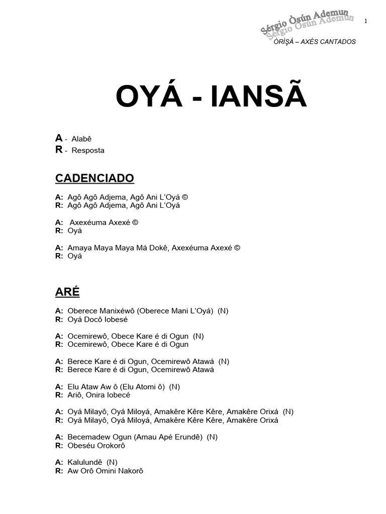 Axés Cantados Oyá Iansã | PDF
