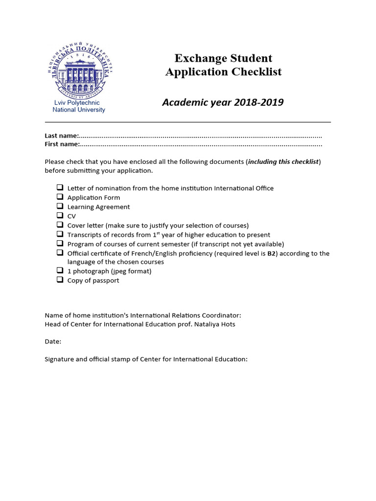 Exchange Student Application Checklist | PDF
