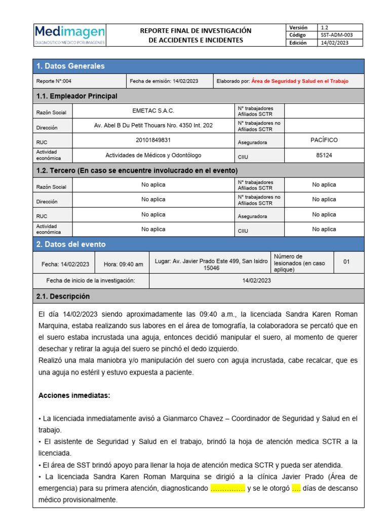 Informe de Accidente Laboral en EMETAC S.A.C. | PDF | Medicina CLINICA
