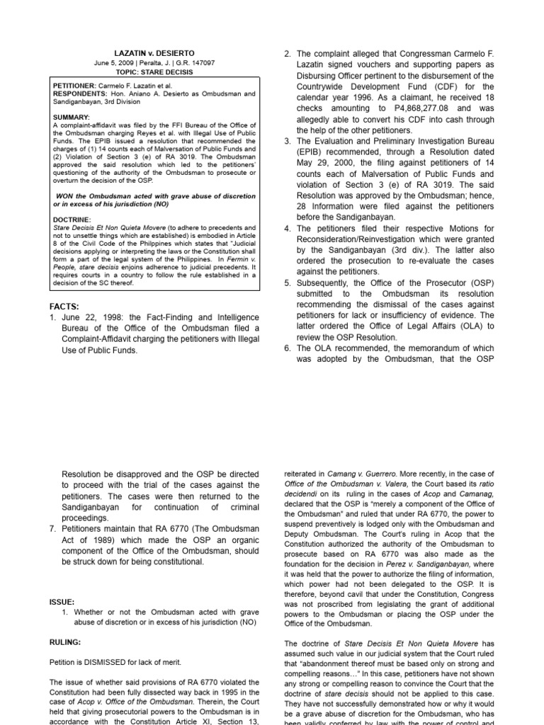 Lazatin v. Desierto (Stare Decisis) | PDF | Precedent | Prosecutor