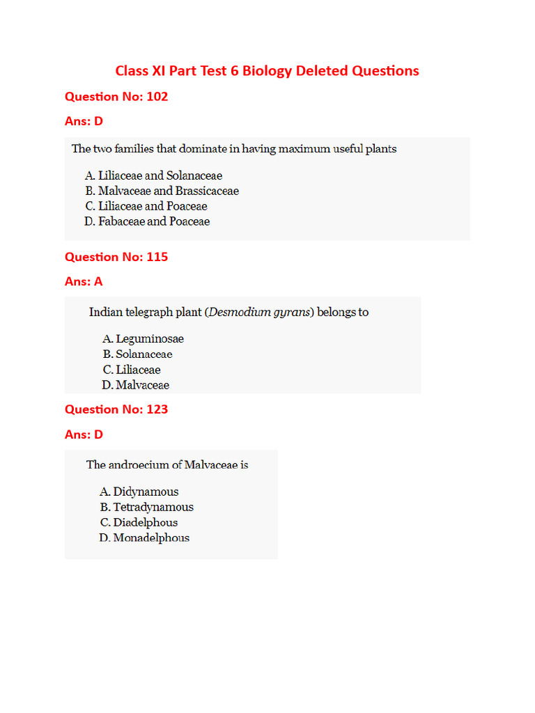 Class XI Part Test 6 Biology Deleted Questions | PDF | Wellness