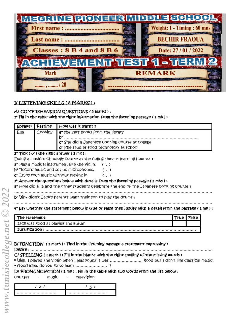 Devoir de Contrôle N°2 Collège Pilote - Anglais - 8ème (2021-2022) MR Fraoua Bechir | PDF ...