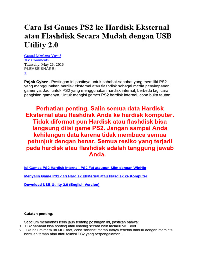 Cara Isi Games PS2 ke Hardisk Eksternal atau Flashdisk Secara Mudah dengan USB Utility 2 | PDF