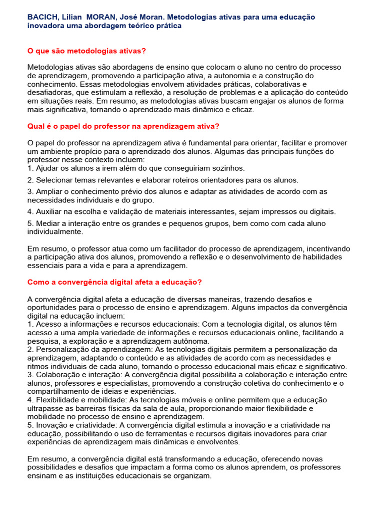 BACICH, Lilian MORAN, José Moran. Metodologias ativas para uma educação ...