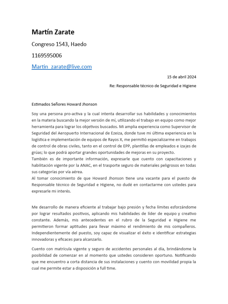 Martín Zarate Carta de Presentación | PDF | Crecimiento personal y ...