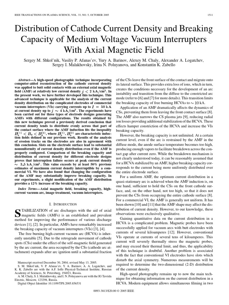 Distribution of Cathode Current Density and Breaking Capacity of Medium Voltage Vacuum ...