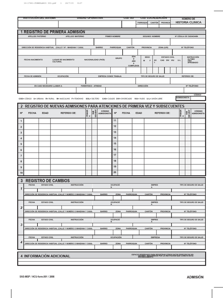 SNS-MSP-HCU-form-001-admision - alta egreso | PDF