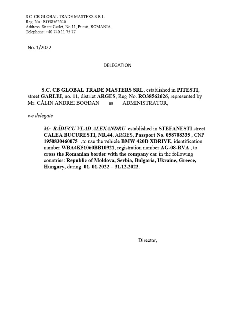 Imputernicire Utilizare Masina in Limba Engleza | PDF