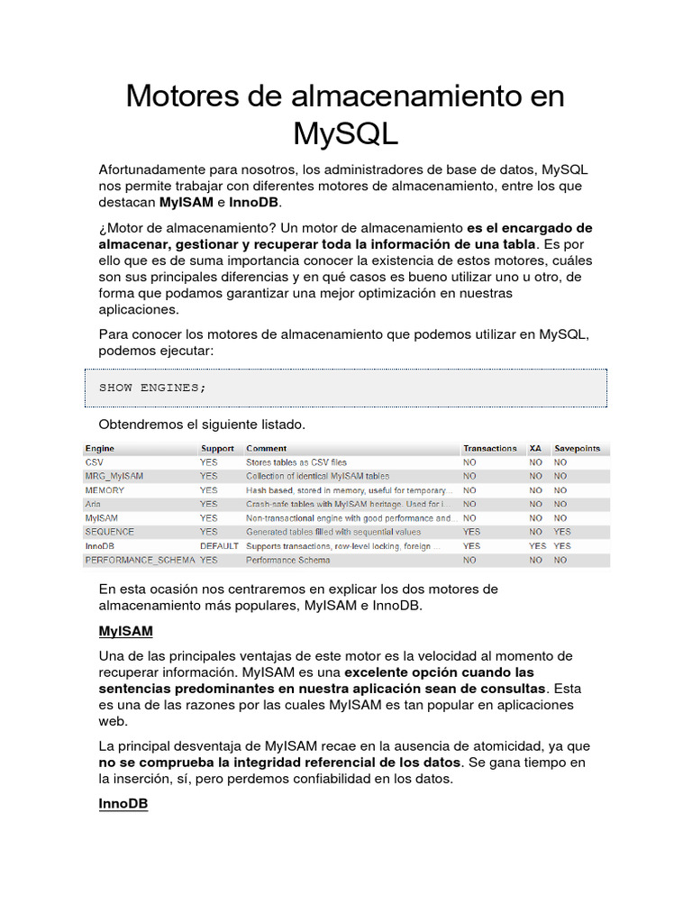 Motores de Almacenamiento en MySQL | PDF | Datos de computadora | Datos