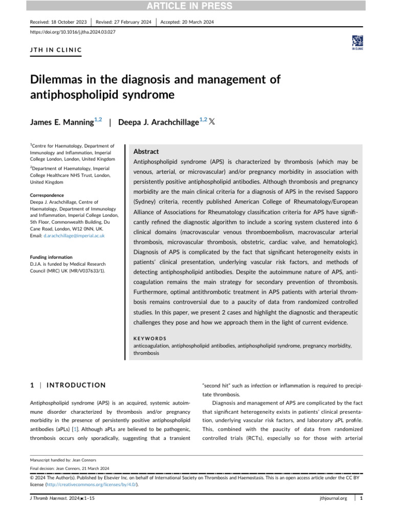 Dilemmas in The Diagnosis and Management of Antiphospholipid Syndrome | Download Free PDF ...