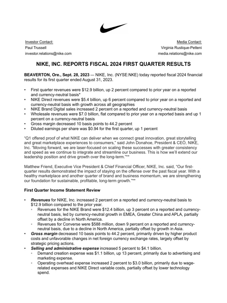 FY24 Q1 Combined NIKE Press Release Schedules FINAL | PDF | Expense ...