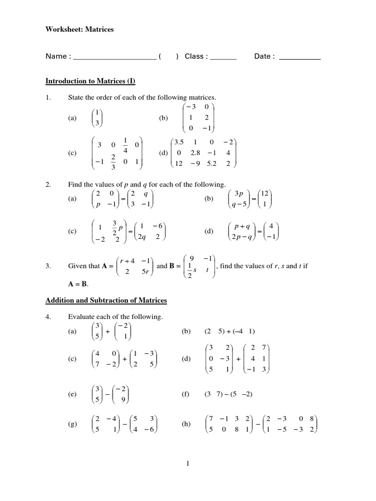 Worksheet On Matrices | PDF | Mathematical Physics | Matrix Theory