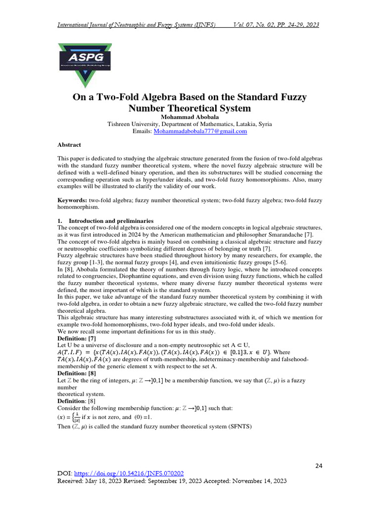 On A Two-Fold Algebra Based On The Standard Fuzzy Number Theoretical System | PDF | Fuzzy Logic ...