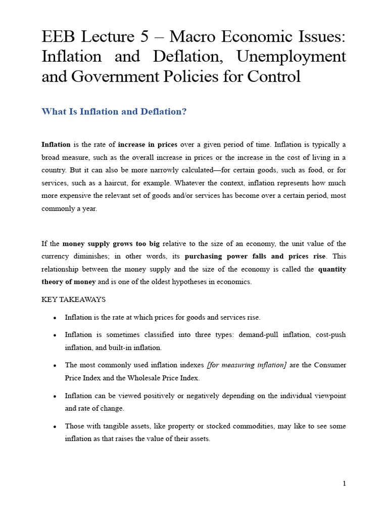 Macro Economic Issues: Inflation and Deflation, Unemployment and Government Policies For Control ...