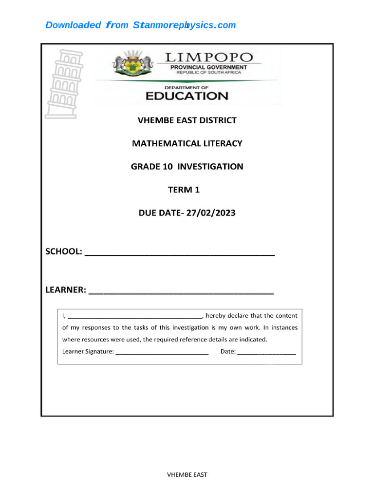 LP Maths Literacy Grade10 Investigation 2023 and Memo | PDF