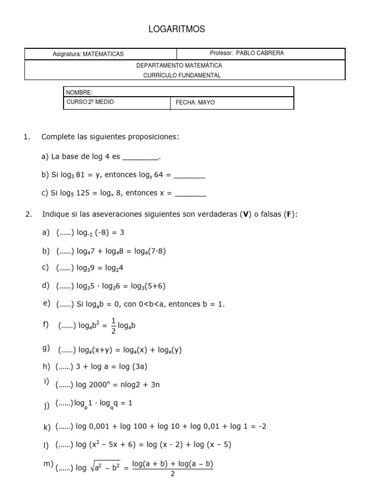 Guia 2° Medio Logaritmos | PDF