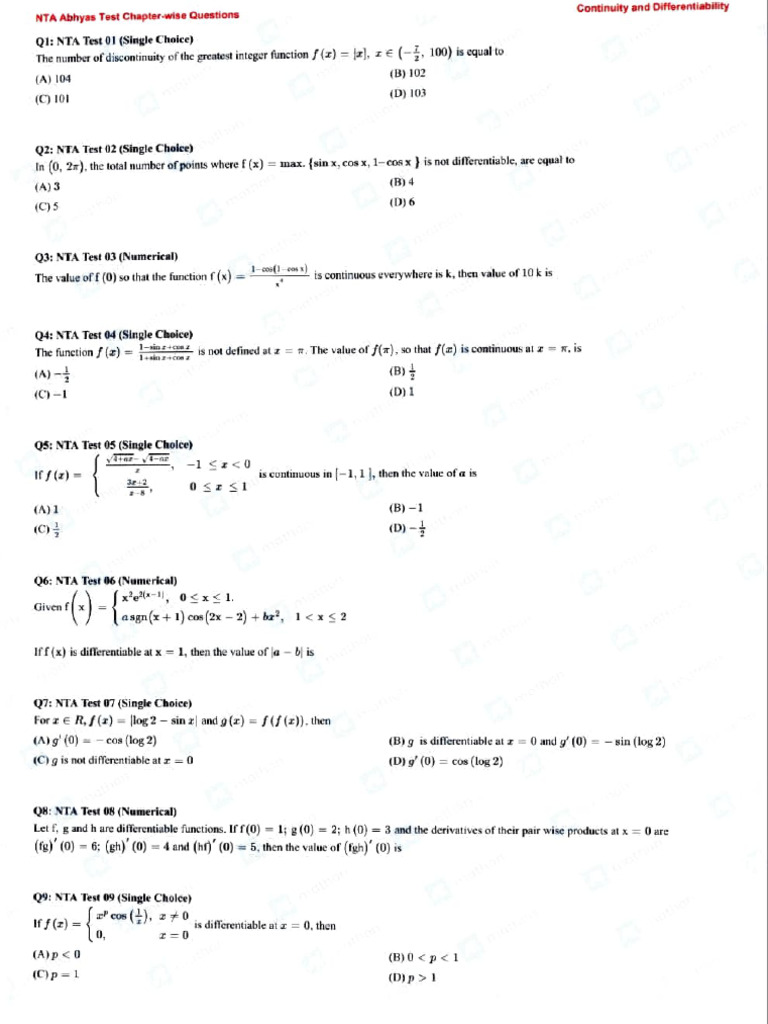 MCQs on Continuity and Differentiability | PDF | Function (Mathematics) | Algebra