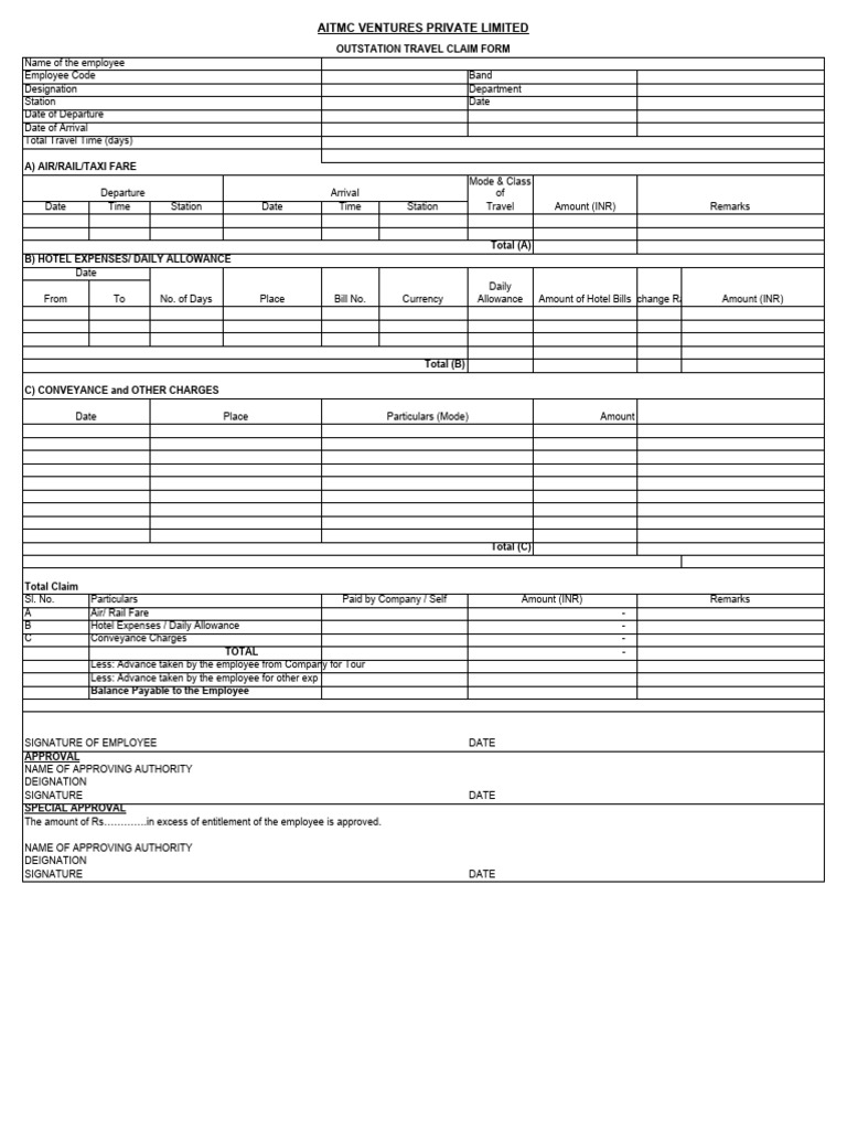 Outstation Travel Claim Form | PDF | Economies