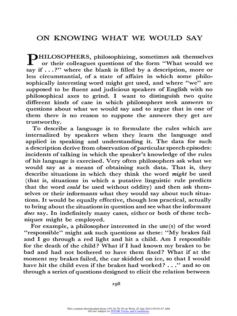 Fodor, J. On Knowing What We Would Say | PDF | Knowledge | Theory