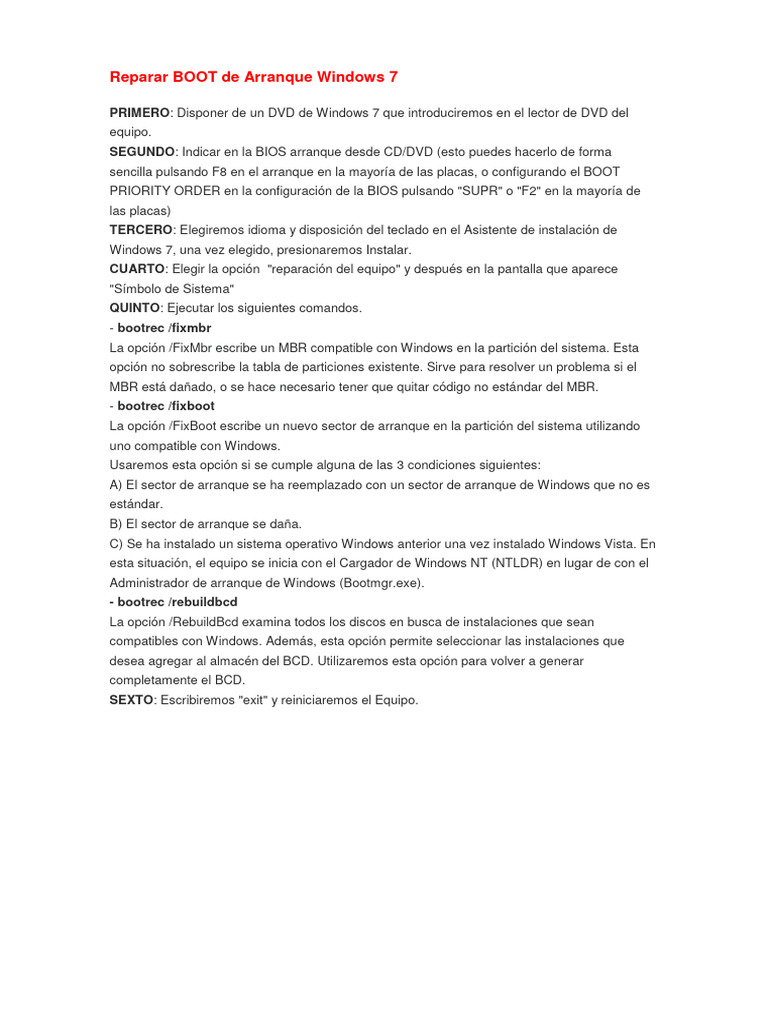 Reparar BOOT de Arranque Windows 7 | PDF | Arranque | Informática