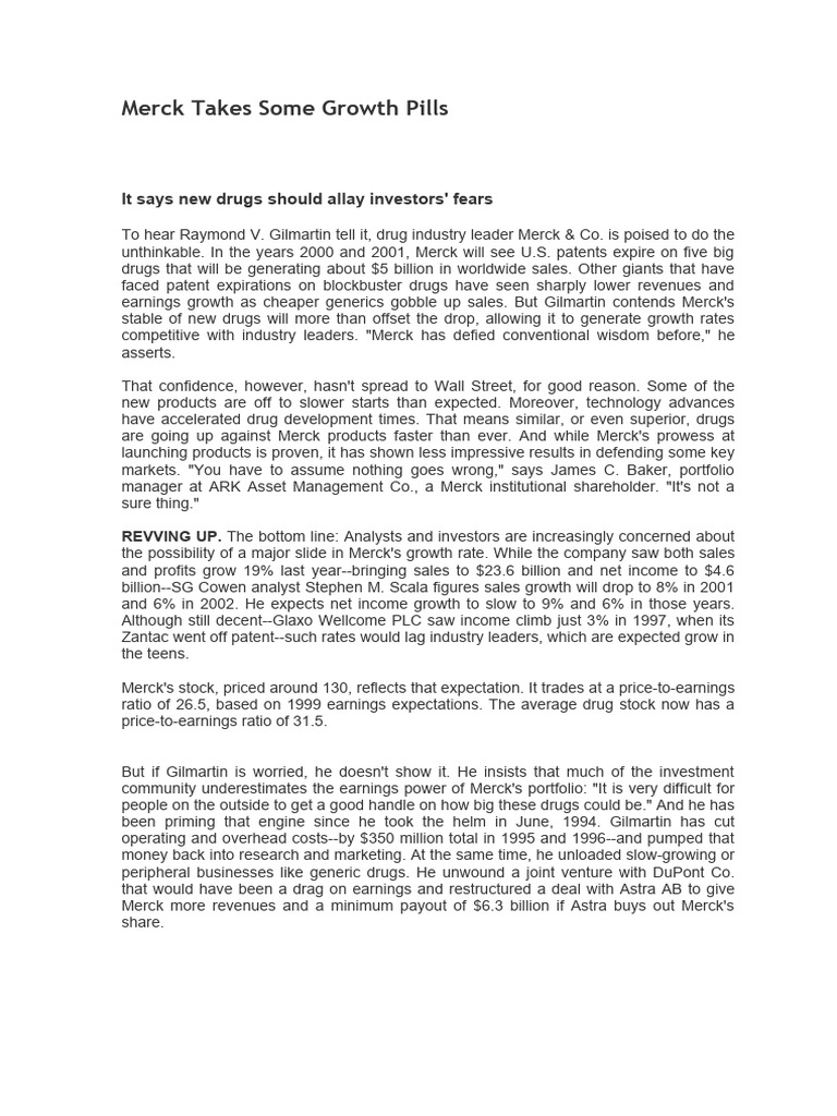 MERCK TAKES SOME GROWTH PILLS Case Study Strategic Management | PDF | Merck & Co. | Pfizer