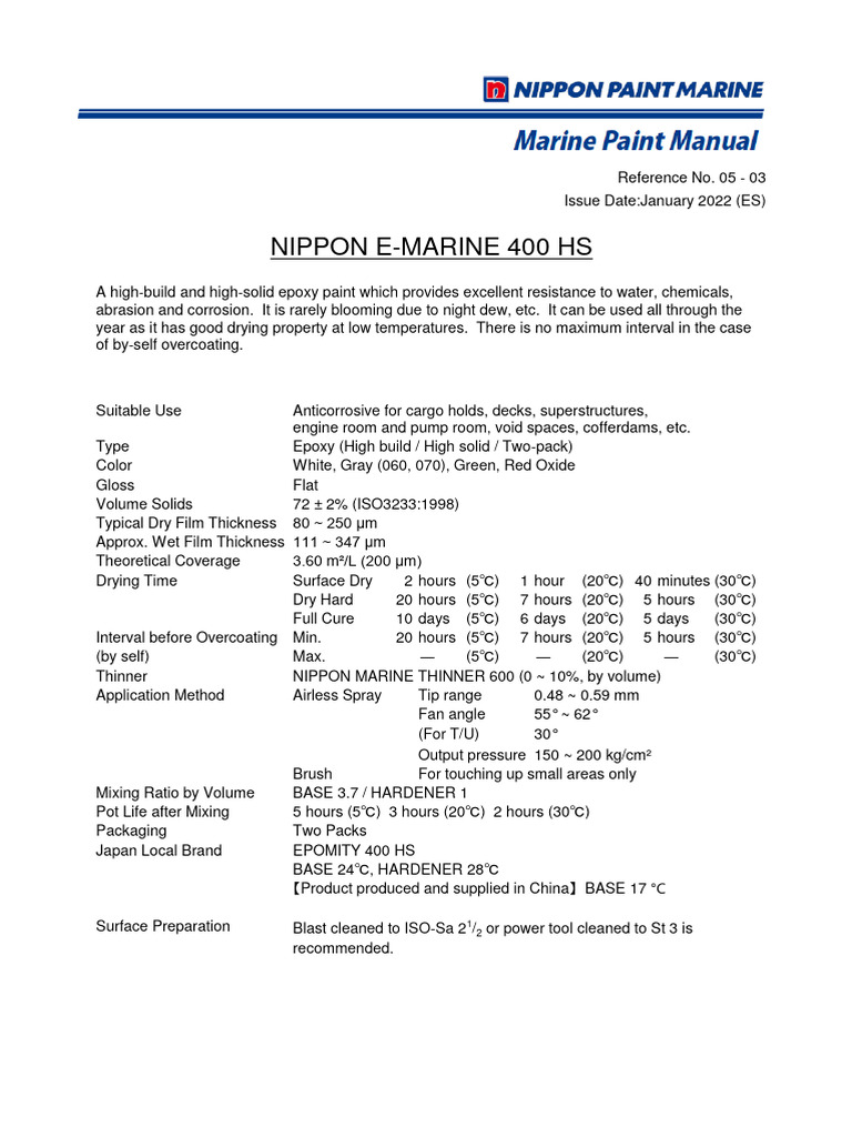 Nippon E-Marine 400 HS Specifications | PDF | Paint | Corrosion