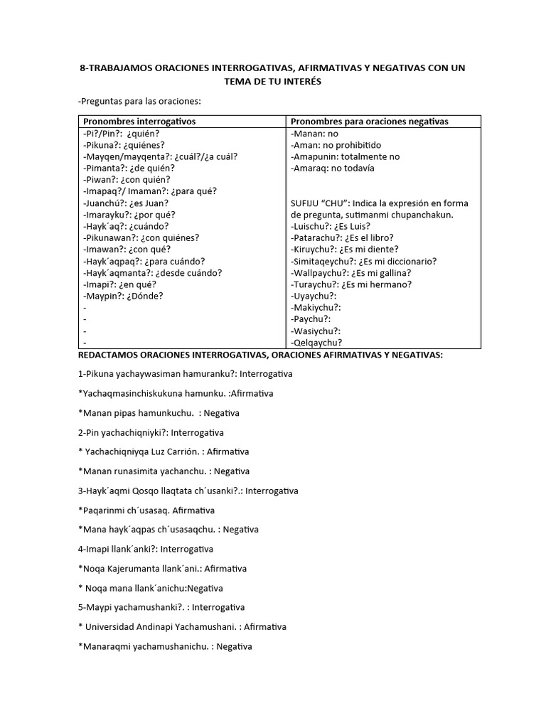 8-Oraciones Interrogativas, Afirmativas y Negativas y Sufijo Chu | PDF