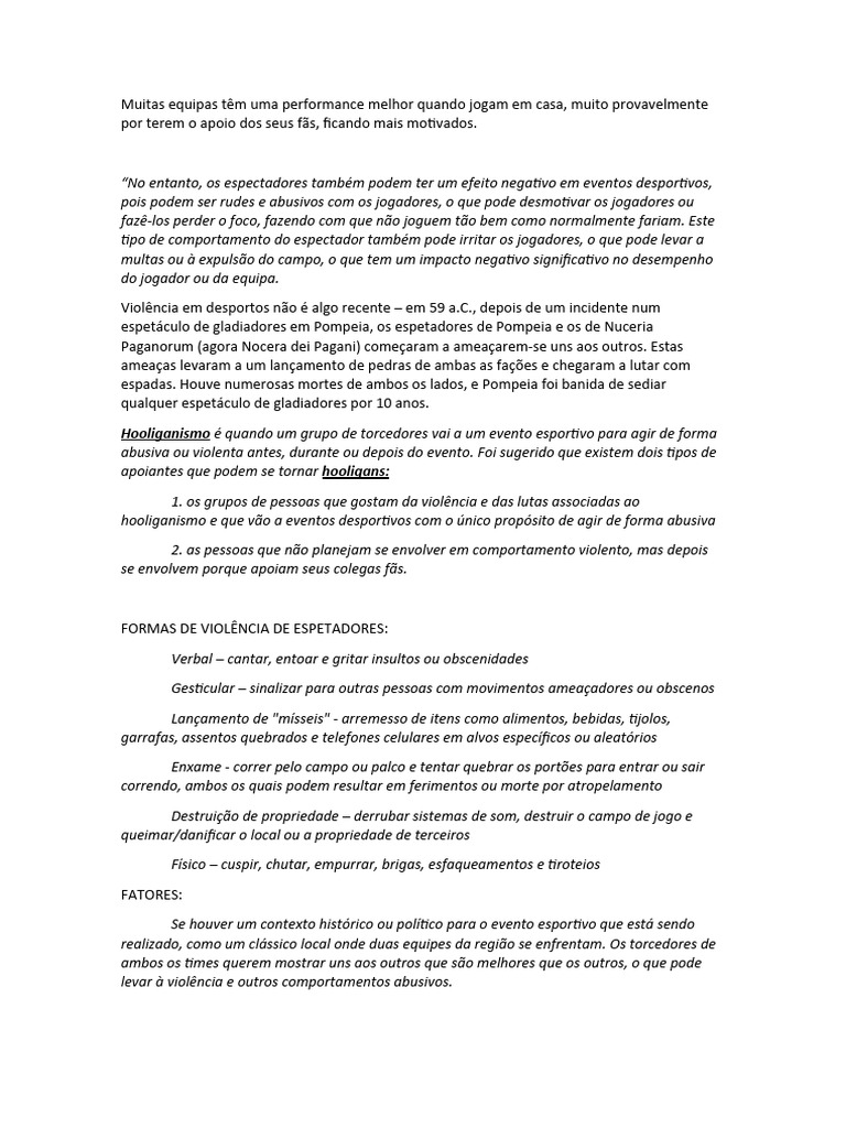 Efeitos da Violência de Espectadores no Esporte | PDF | Violência ...