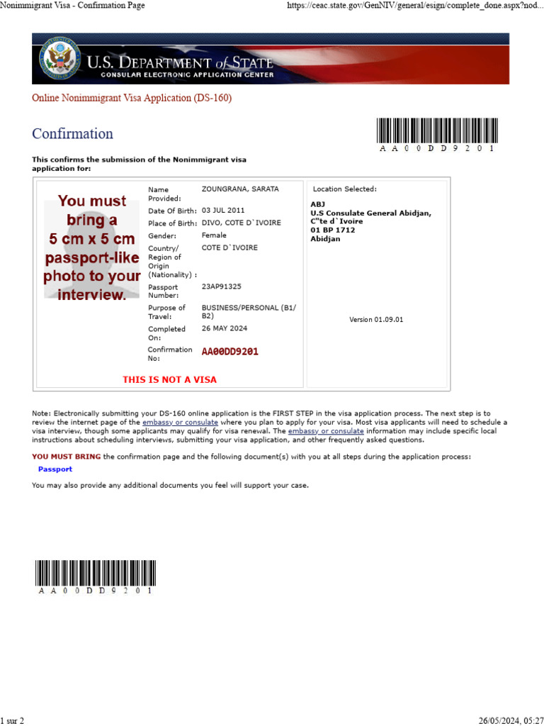 Confirmation DS 160 Usa Zoungrana Sarata | PDF | Travel Visa | Fingerprint