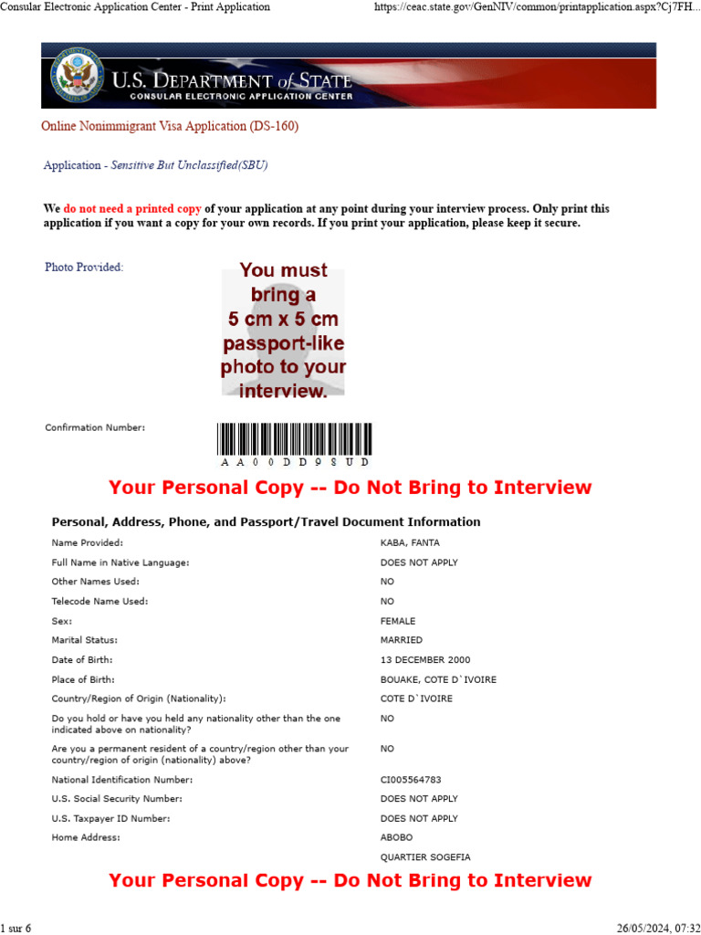 Formulaire DS 160 Usa Kaba Fanta | PDF | Travel Visa | Fingerprint