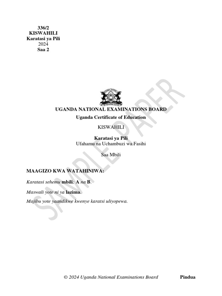3361&2 Kiswahili UNEB Sample Paper New Curriculum 2024 Plus Scoring ...