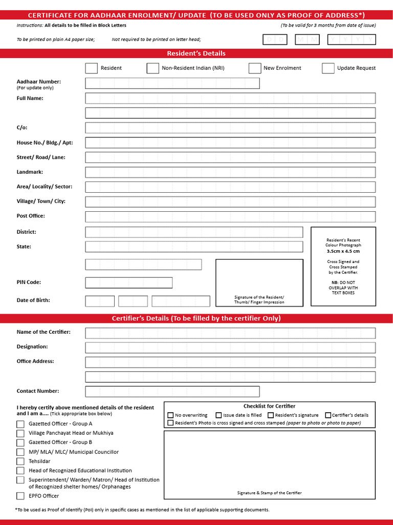 Aadhaar Address Update Certificate Form | PDF